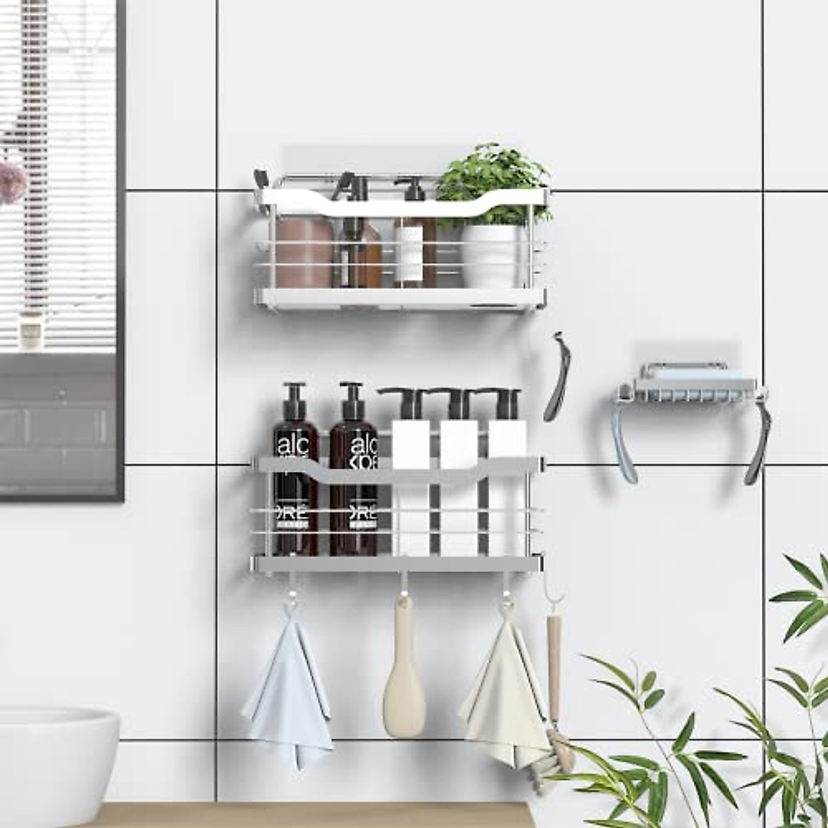 Carwiner Shower Shelf Deep Caddy 3-Pack basket with 10 Hooks & Soap Dish Holder, SUS304 Stainless Steel Bathroom Caddy Organizer Rack Adhesive Shampoo Holder Wall Mounted No Drilling (Silver)