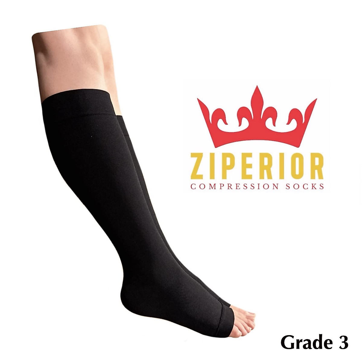 Ziperior Open Toe Inside Leg Calf Zipper 30-40 mmHg Grade 3 Compression Socks (Black, Small-Medium)