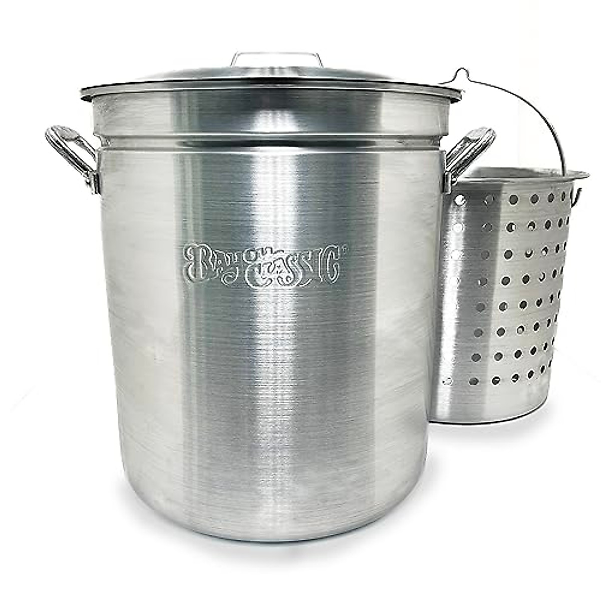 Bayou Classic 4060 60-qt Aluminum Stockpot w/Basket Features Domed Vented Lid Heavy Riveted Handles Perforated Aluminum Basket Perfect For Boiling Steaming and Canning