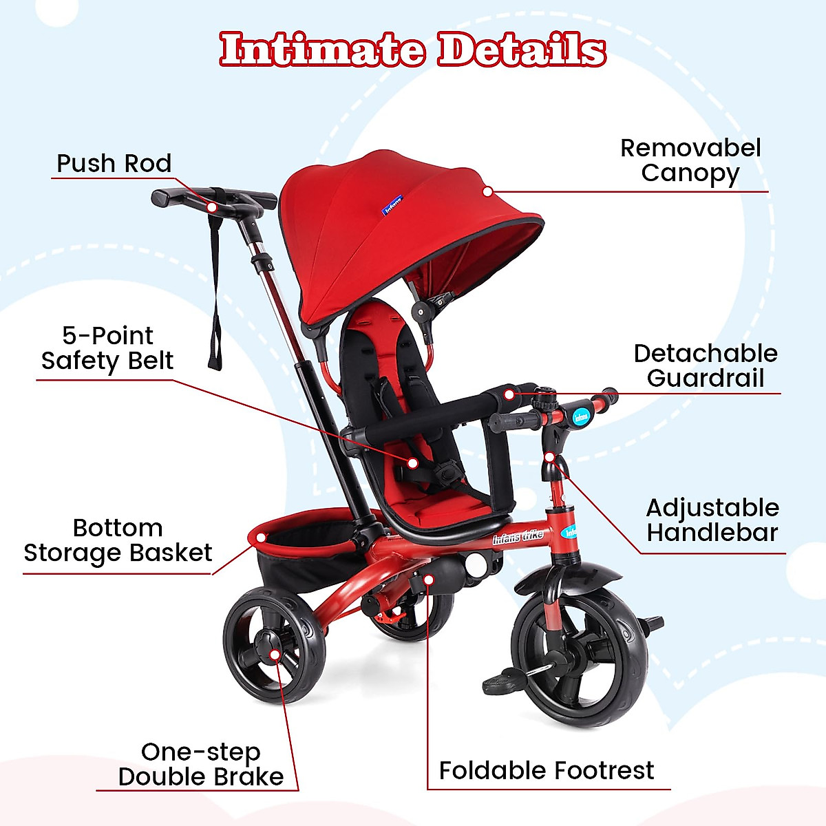 INFANS Kids Tricycle, 6 in 1 Stroll Trike with Adjustable Push Handle, Removable Canopy, Retractable Foot Plate, Lockable Pedal, Detachable Guardrail, Suitable for 10 Months to 5 Years (Red)