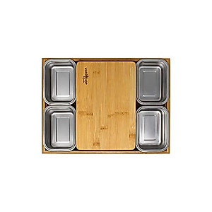 VERSACHOP Quattro - Totally natural organic bamboo cutting board with included stainless steel lunch boxes with airtight lids and serving tray. Perfect for meal prep, storage and organization.