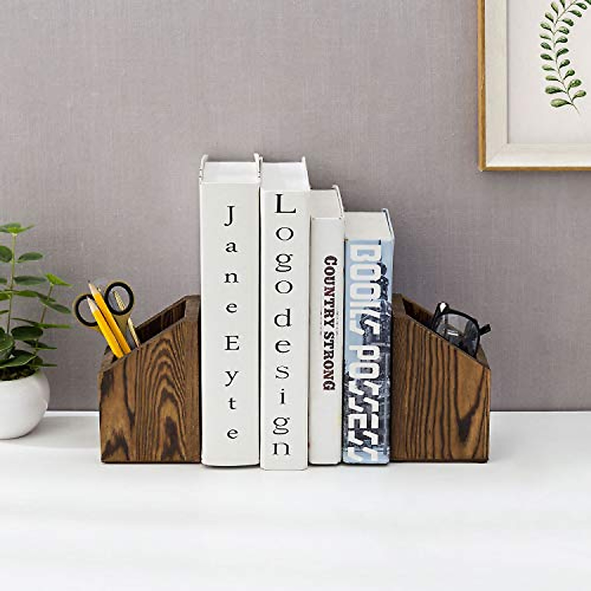 MyGift Rustic Brown Solid Wood Decorative Bookends, Office Desk Book Stand with Stationery Holder and Pencil Cup, 1-Pair