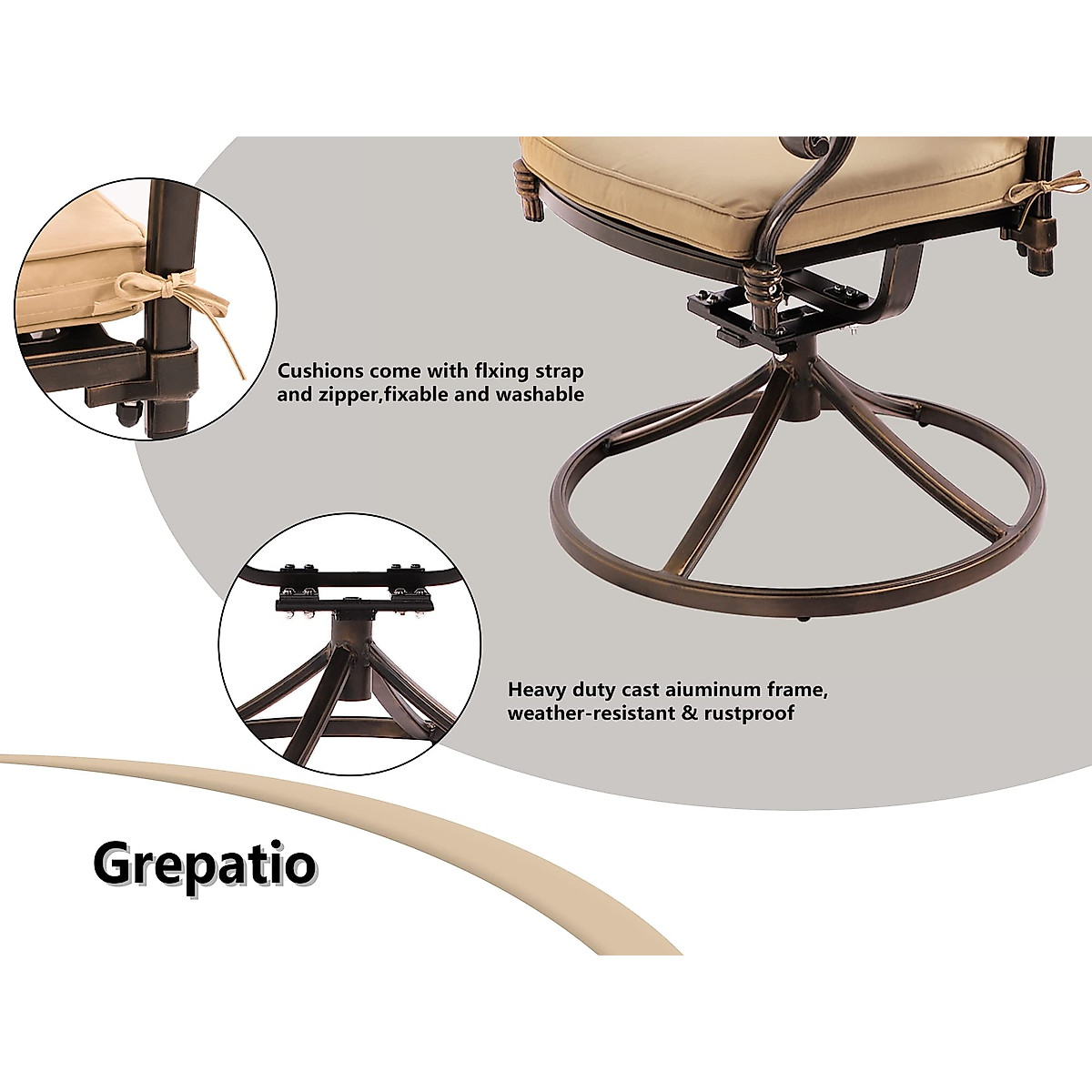 Grepatio 5 Piece Cast Aluminum Patio Dining Set Outdoor Furniture Set Patio Garden Set with 4 Swivel Rocker Ding Chairs, 4 Cushions and 35.4" Square Patio Table 2.4" Umbrella Hole (Khaki)