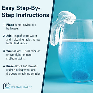 Retainer Cleanser Tablets and Soak Container Universal No Mess Denture Cleaning Tablets and Denture Bath Case Strainer Multipurpose Bath Cup Mouth Guard Cleaner for Stains Odor Plaque by M3 Naturals