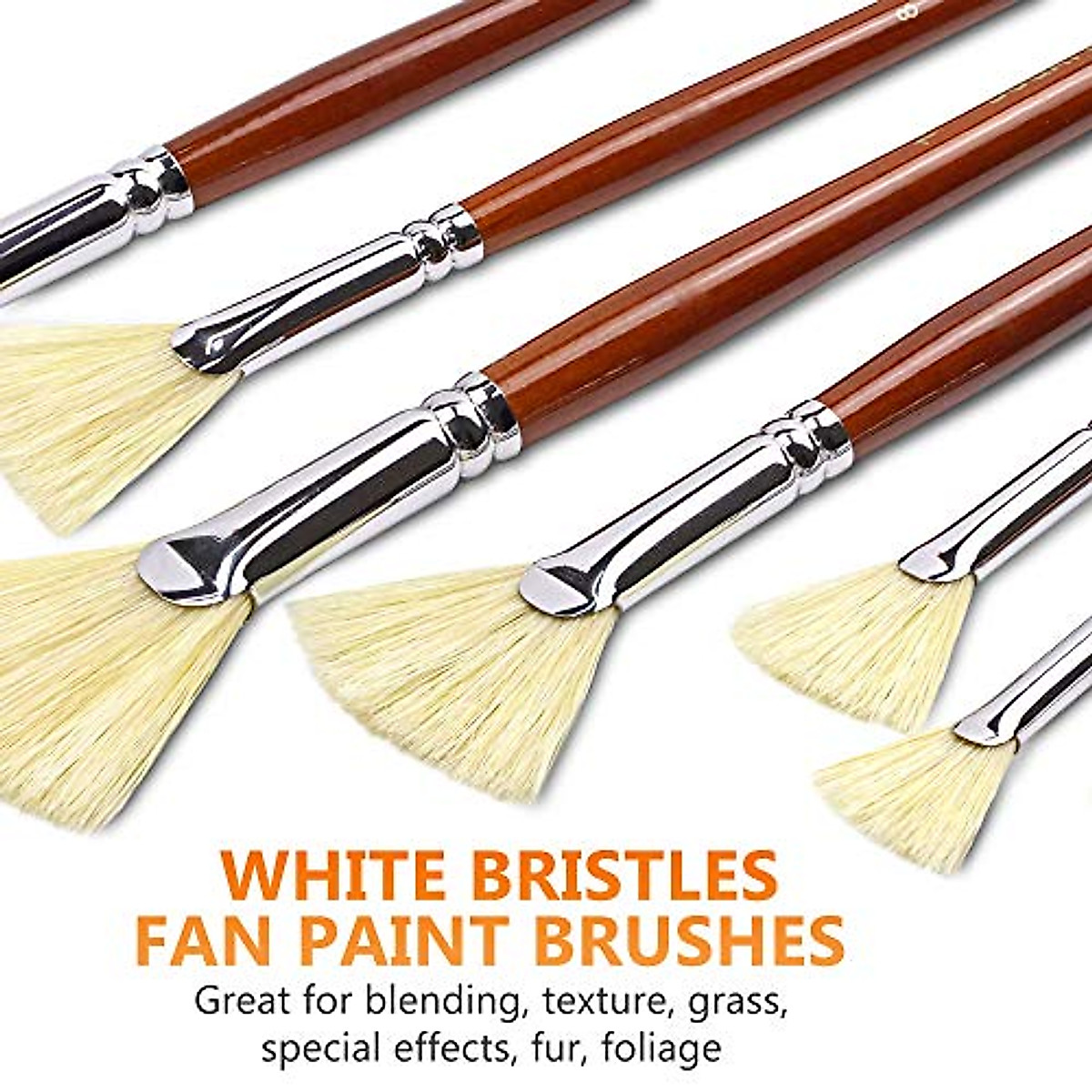 DUGATO Artist Fan Paint Brush Set of 7, White Hog Bristle Natural Hair Anti-Shedding Brush Tips, Long Wooden Handle for Comfortable Holding, Great for Acrylic Watercolor Oil Painting