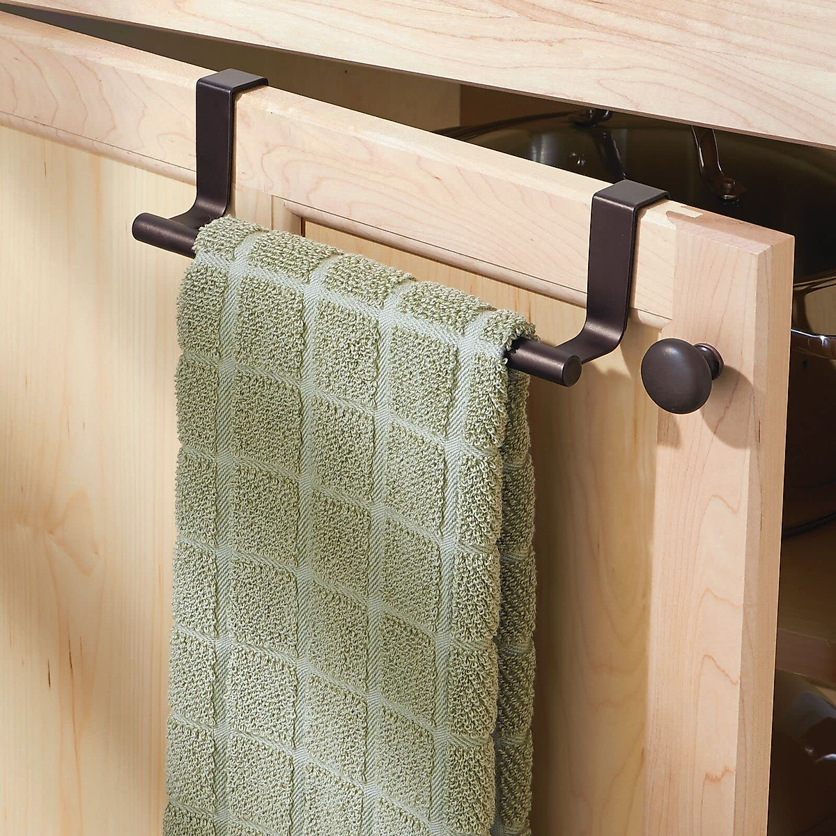mDesign Metal Over Kitchen Cabinet Door Towel Bar Holder for Hand, Dish, and Tea Towel Rack - Over the Door Towel Bar- Hang Inside or Outside Doors - Kitchen Organizer, Omni Collection, 2 Pack, Bronze