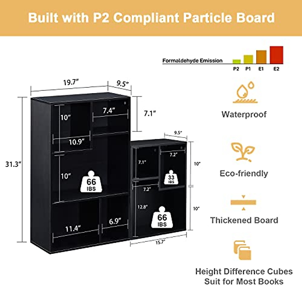 VECELO Wide 8-Cube Wood Organizer Bookcase Sets, Fits Tallest Hardcovers, 3-Tier Customized Storage Display Shelf, Free Standing for Living Room, Bedroom, Kids Room, Office, Black