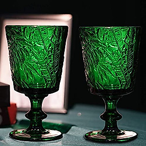 Jomop Handmade Pressed Colored Stemmed Wine Glasses Set Green Set of 4 Retro (4, Wine Goblet)