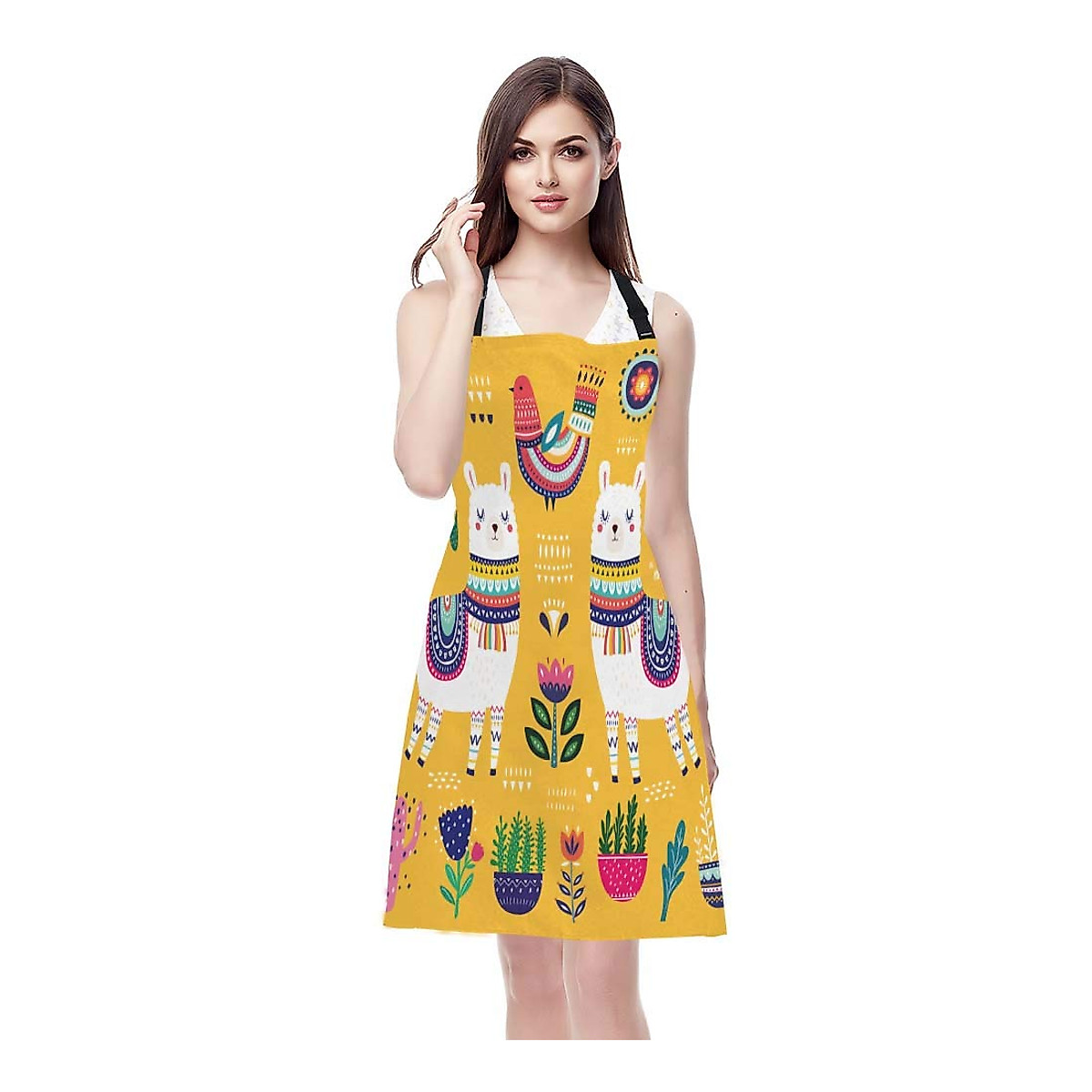 EKOBLA Llama Aprons Cute Cartoon Alpaca Graphic Adjustable Apron 27x31 Inch