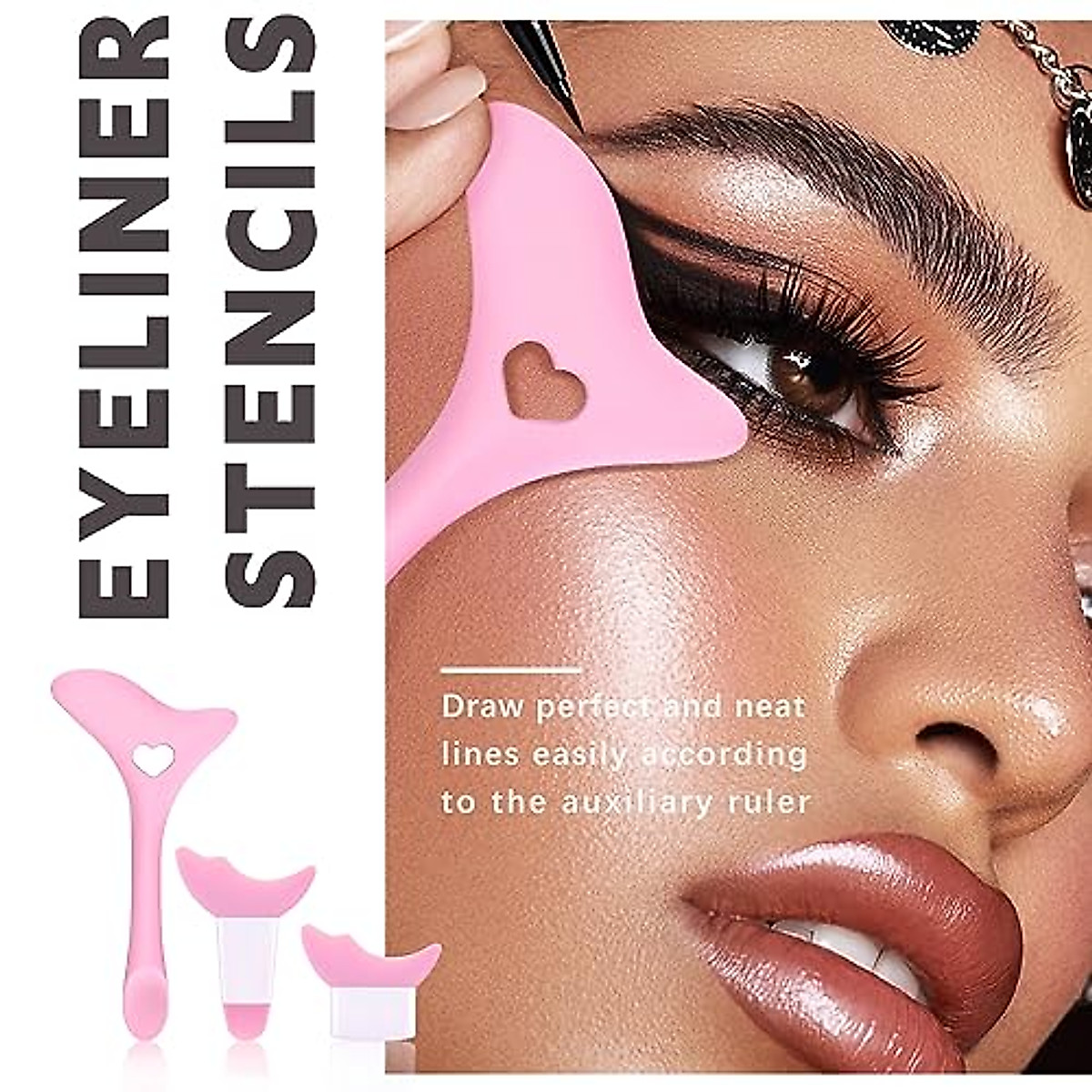 HOSAILY 3 Pcs Eyeliner Stencils Reusable Silicone Eyeliner Aid Mascara Shield Applicator Guide Tool Multifunctional Winged Eyeliner Eyelash Eyeshadow Lipstick Eye Makeup Tool for Women, Beginners (Pink)