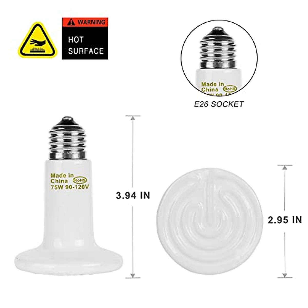 WUHOSTAM 2 Pack 75W White Ceramic Heat Lamp with 1-pcs Digital-Thermometer,Infrared Bulb Emitter Lamp Infrared Bulb for Pet Brooder Coop Chicken Lizard Turtle Snake Aquarium ETL Listed