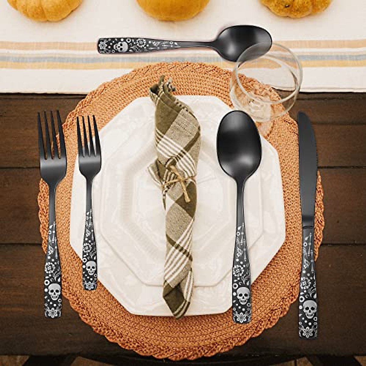 OIULO Pattern Matte Silverware Set for 8,40-Piece Gothic Matte Black Flatware set,Unique Pattern Design,Satin Finish Cutlery for 8,Halloween Skull Tableware Utensils for Kitchen Square