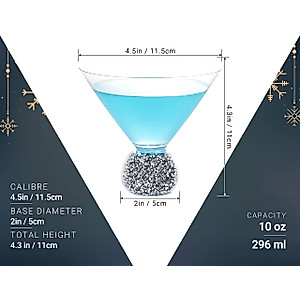 Dounx Set of 4 Stemless Martini Glasses, 8oz Margarita Glasses for Men and Women, Ultra-Thin Rim, Lead-Free Glass, Silver Rhinestone-Filled Spherical Base, Reusable