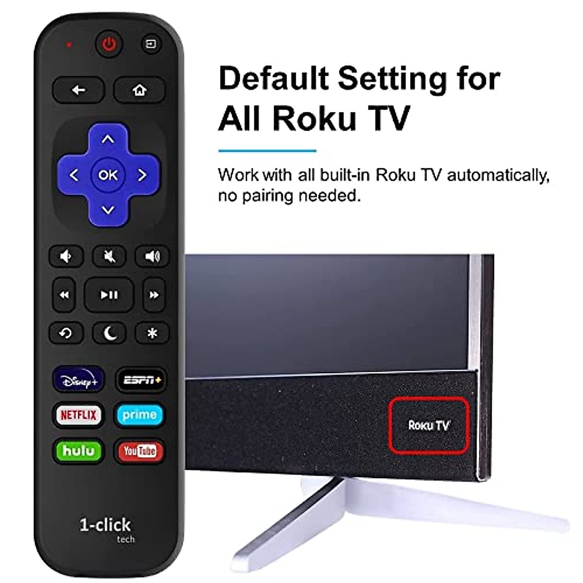 1-clicktech Remote for Roku TV, Compatible for TCL HISENSE ONN Sharp Hitachi Element Westinghouse LG Sanyo JVC Magnavox - All Built-in Roku TV [Not for Roku Stick]