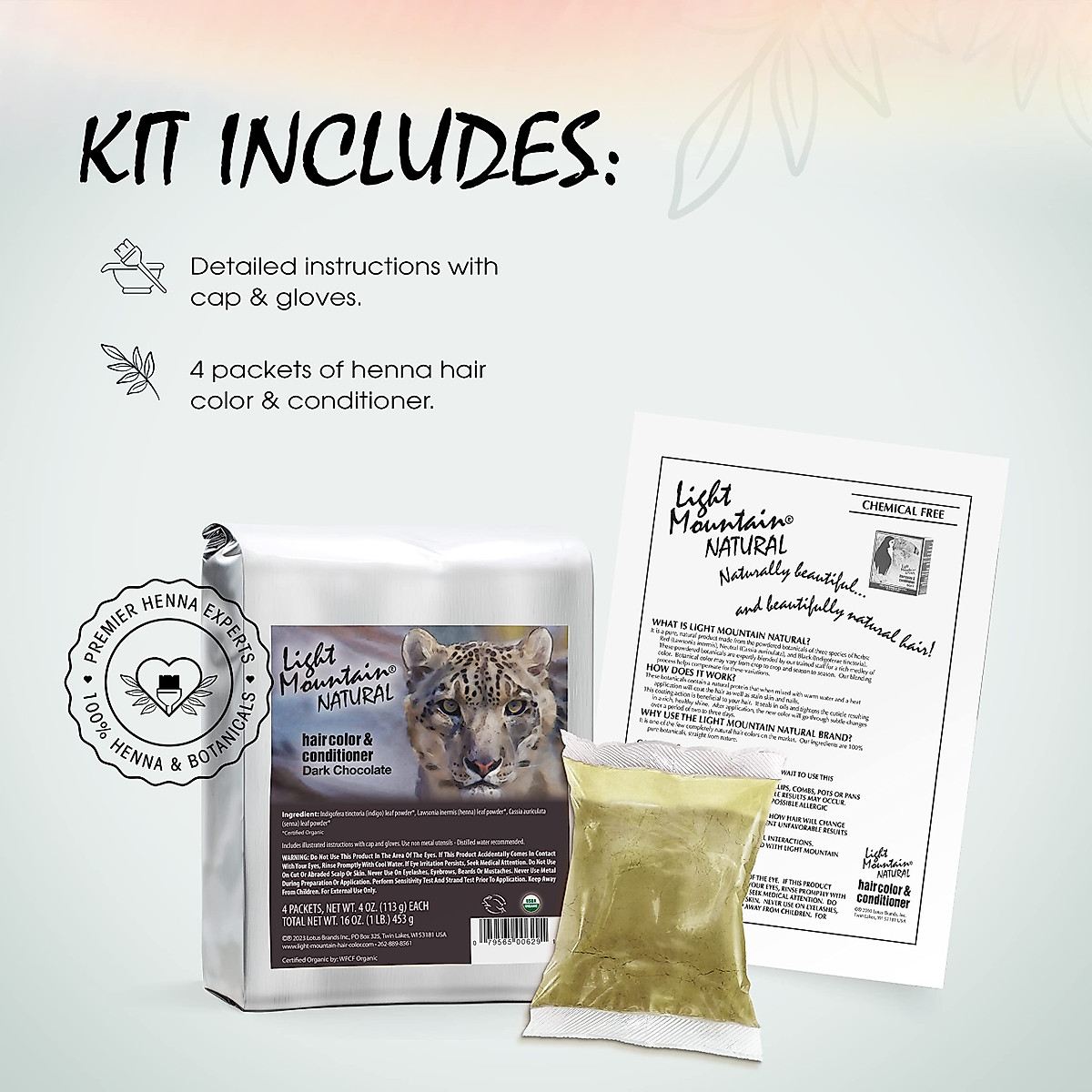 Light Mountain Henna Hair Color & Conditioner - Dark Chocolate Hair Dye for Men/Women, Organic Henna Leaf Powder and Botanicals, Chemical-Free, Semi-Permanent Hair Color, 16 Oz