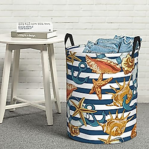 Laundry Basket,Summerwith Sea Shells Anchor,Large Canvas Fabric Lightweight Storage Basket/Toy Organizer/Dirty Clothes Collapsible Waterproof For College Dorms-Large