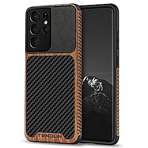TENDLIN Compatible with Samsung Galaxy S21 Ultra Case Wood Grain with Carbon Fiber Texture Design Leather Hybrid Case (Black)