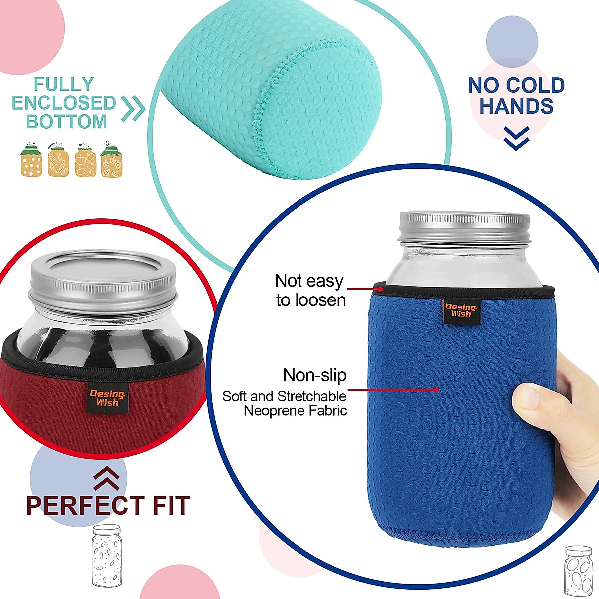 Desing Wish 32 oz Regular/Wide Mouth Mason Jar Neoprene Sleeve, 32oz Non-slip Cozy Insulated Glass Jars Protector Holder Sleeves 3.7 x 5.3 Inches - 4 Pack (Black/Red/Blue/Cyan)