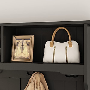 Homsee Modern Hall Tree with Storage Bench, 4-in-1 Entryway Bench with Coat Rack, Tall Hall Tree with 4 Metal Double Hooks, Shelves & 2 Drawers for Hallway, Living Room, Black