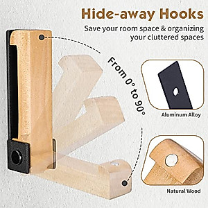 Folding Coat Hooks 5 Pcs Wooden Wall Hooks for Hanging Coat Heavy Duty Aluminum Alloy Adhesive Foldable Headphone Holder Coat Hooks Wall Mounted with Screws for Hat, Towel, Bag (Black)