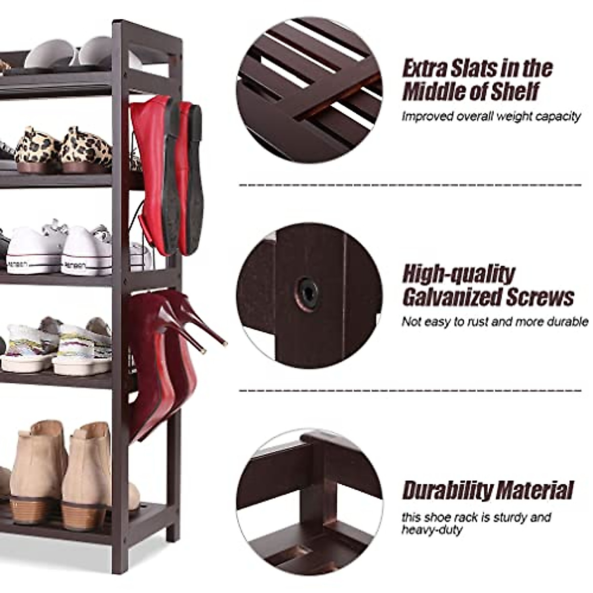 Bamboo Shoe Rack,Sundries Rack Kitchen Shelf 5 Tier Wooden Shoe Shelf Storage Organizer with Additional Hangers,Perfect for Entryway,Hallway, Bathroom Closet or Living Room (Brown)