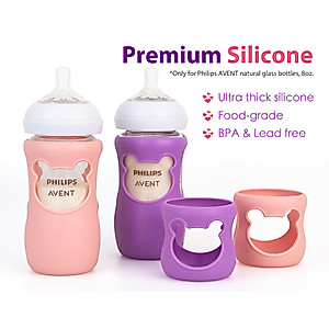 100% Silicone Baby Bottle Sleeves for Philips Avent Natural Glass Baby Bottles, Premium Food Grade Silicone Bottle Cover, Cute Bear Design, 8oz, Pack of 2 (Pink and Purple)