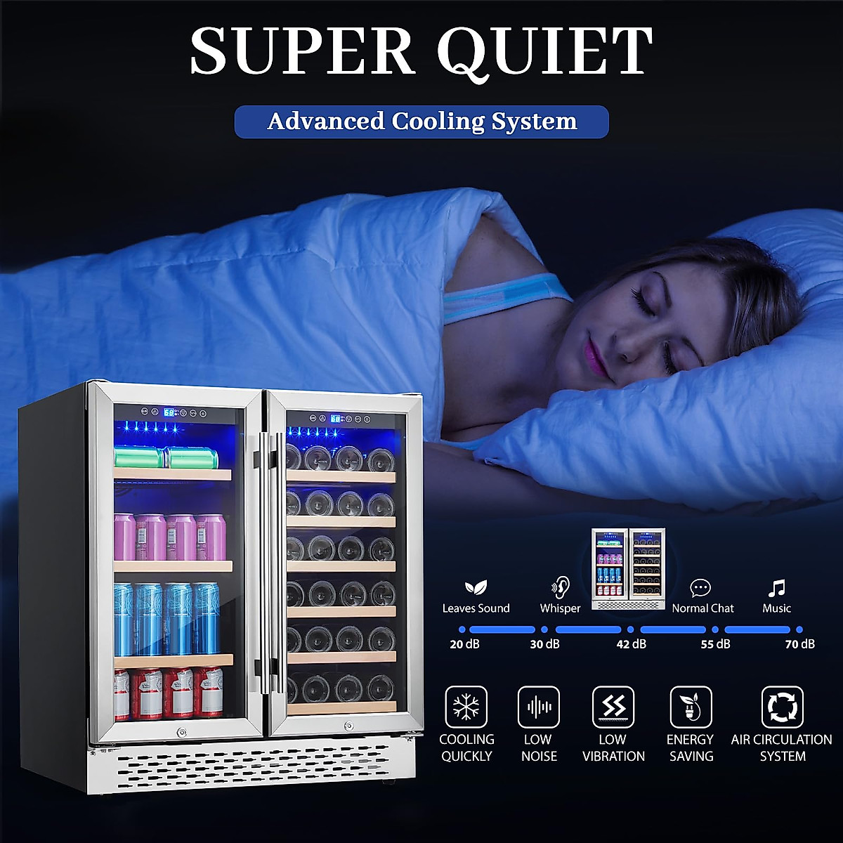 GarveeHome Wine and Beverage Refrigerator - 28 Bottles and 80 Cans, Dual Zone, Glass Door, Adjustable Shelves, with Lock, Digital Temperature Control, Freestanding/Built-in