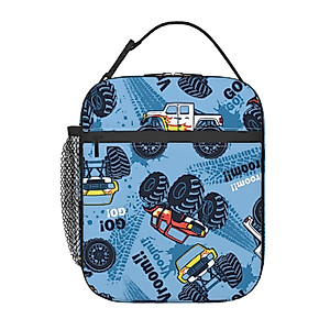Gbuzozie Monster Truck Cars Pattern Lunch Bag Insulated Portable Reusable Lunch Box With Zipper For Women Men Picnic Beach
