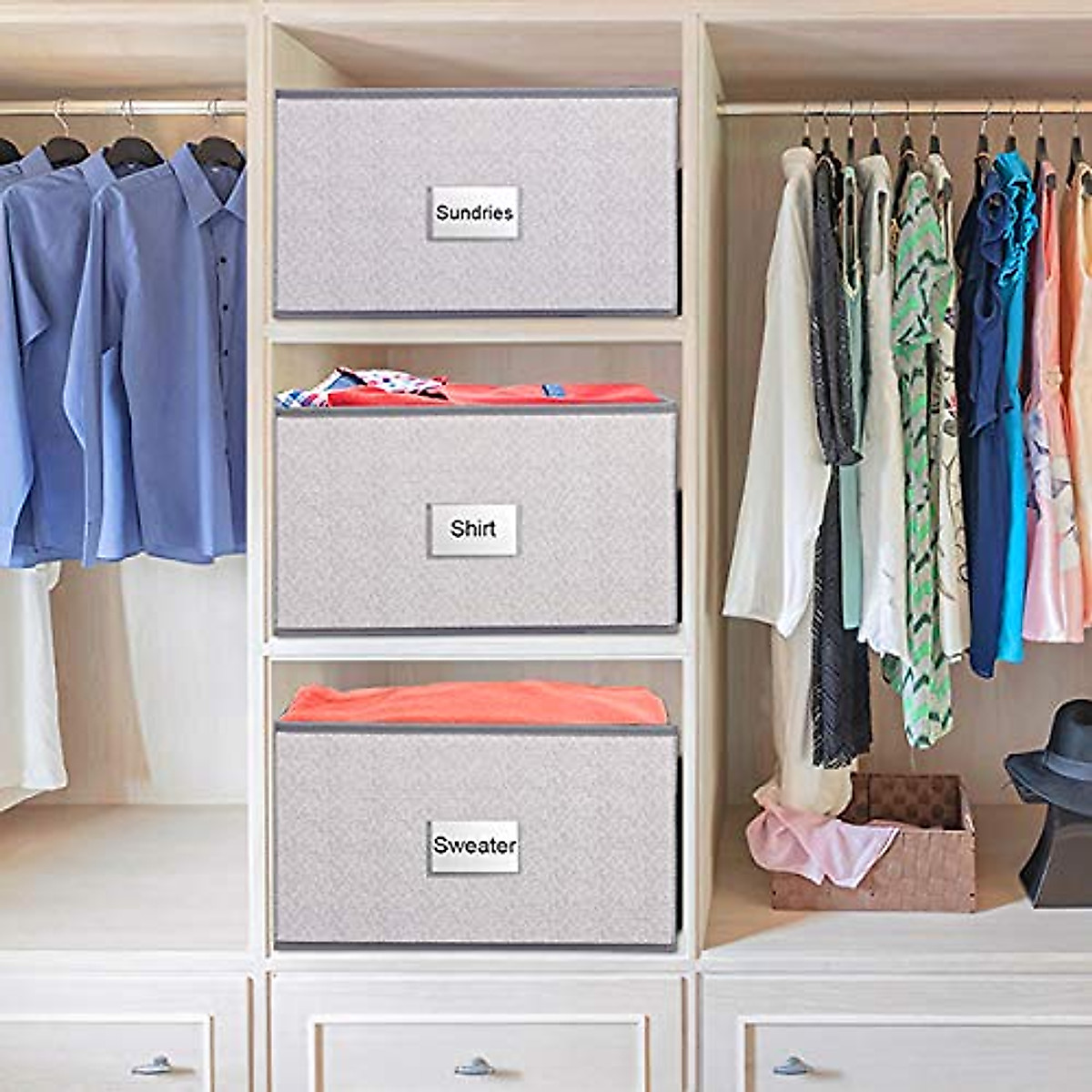 Kntiwiwo Storage Bin Fabric Storage Baskets for Closet Shelves Decorative Storage Boxes Rectangle Basket with Handles Labels for Home Bedroom Living Room Office 14.4”x10”x8.3” Gray Set of 3