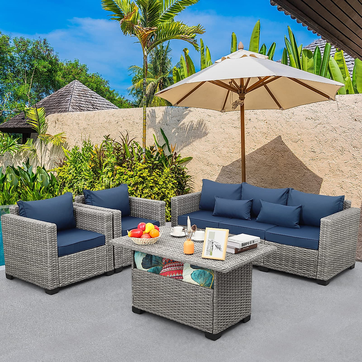 Rattaner 4 Pcs Outdoor Furniture Sets Patio Furniture Set Patio Couch Outdoor Chairs Storage Table with Anti-Slip Cushions and Waterproof Covers, Navy Blue