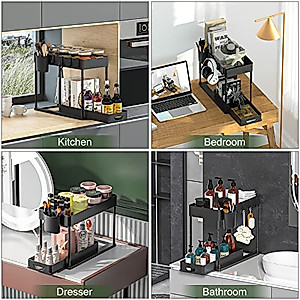 HI NINGER 2 Pack Adjustable Height Under Sink Organizers and Storage, 2Tier Bathroom Organizer Under Sink,Multifunction Kitchen Under Sink Organizer with 8 Hooks and 2 Hanging Cups and16Non-slip mat