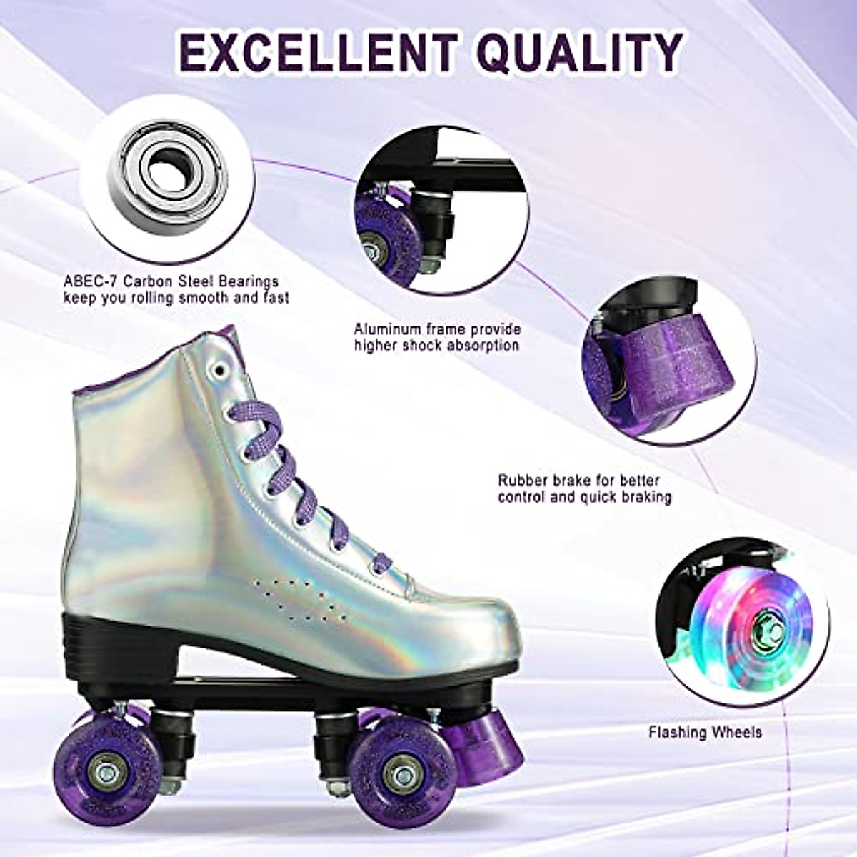 YYW Roller Skate for Women Men Light up Wheel - Double Roller Skater High-top PU Leather Roller Skate Shoes Adjustable PU Roller Skates with Four Piles for Adult Girls Beginners