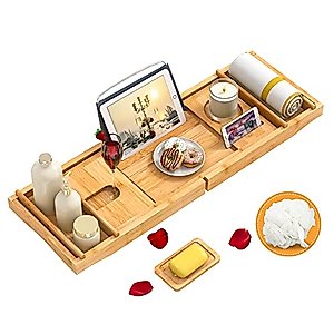 Domax Bathtub Caddy Tray Expandable Bamboo Tub Tray for Luxury Bath with Book Holder and Free Soap Dish Yellow