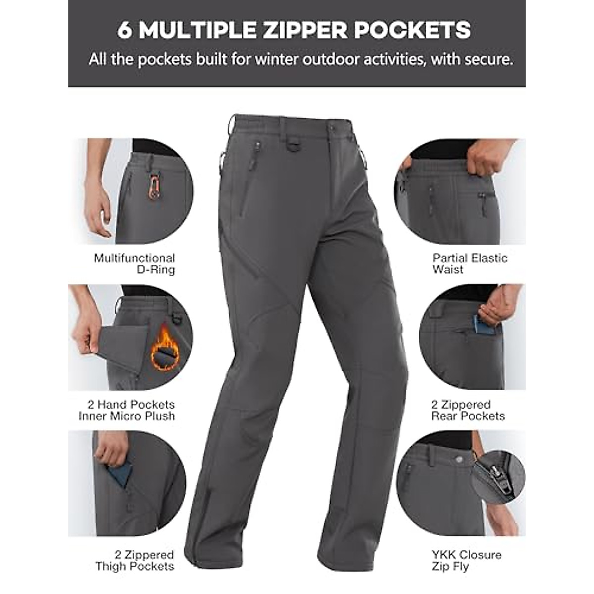 Stlight Mens Snow Ski Water Repellent Softshell Pants for Winter Hiking Fleece Lined Bottom Leg Zipper with 6 Zip Pockets(Grey 34W/30L)