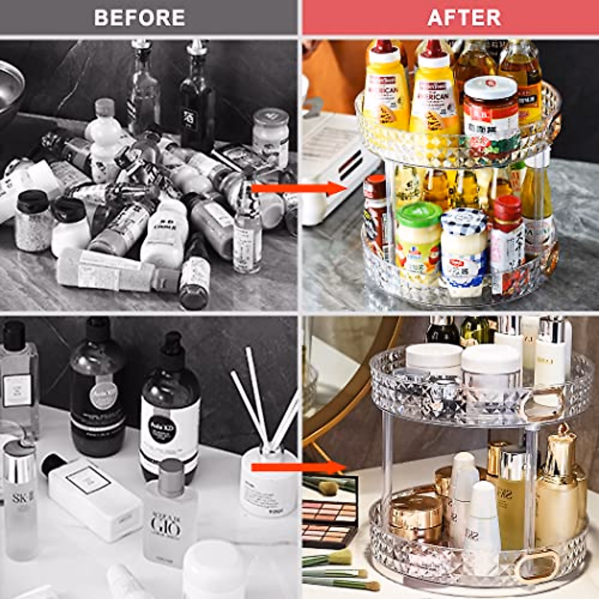 YEAVS 2 Tier Lazy Susan, 11 Inch Clear Turntable 360° Rotating Deep Spice Makeup Organizer, Plastic Cosmetic Holder Condiment Rack with Handle for Kitchen Cabinet, Countertop, Bathroom Storage