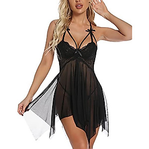 Donnalla Women Sexy Lace Lingerie Babydoll Chemise Boudoir Outfits Sleepwear (Black X-Large)