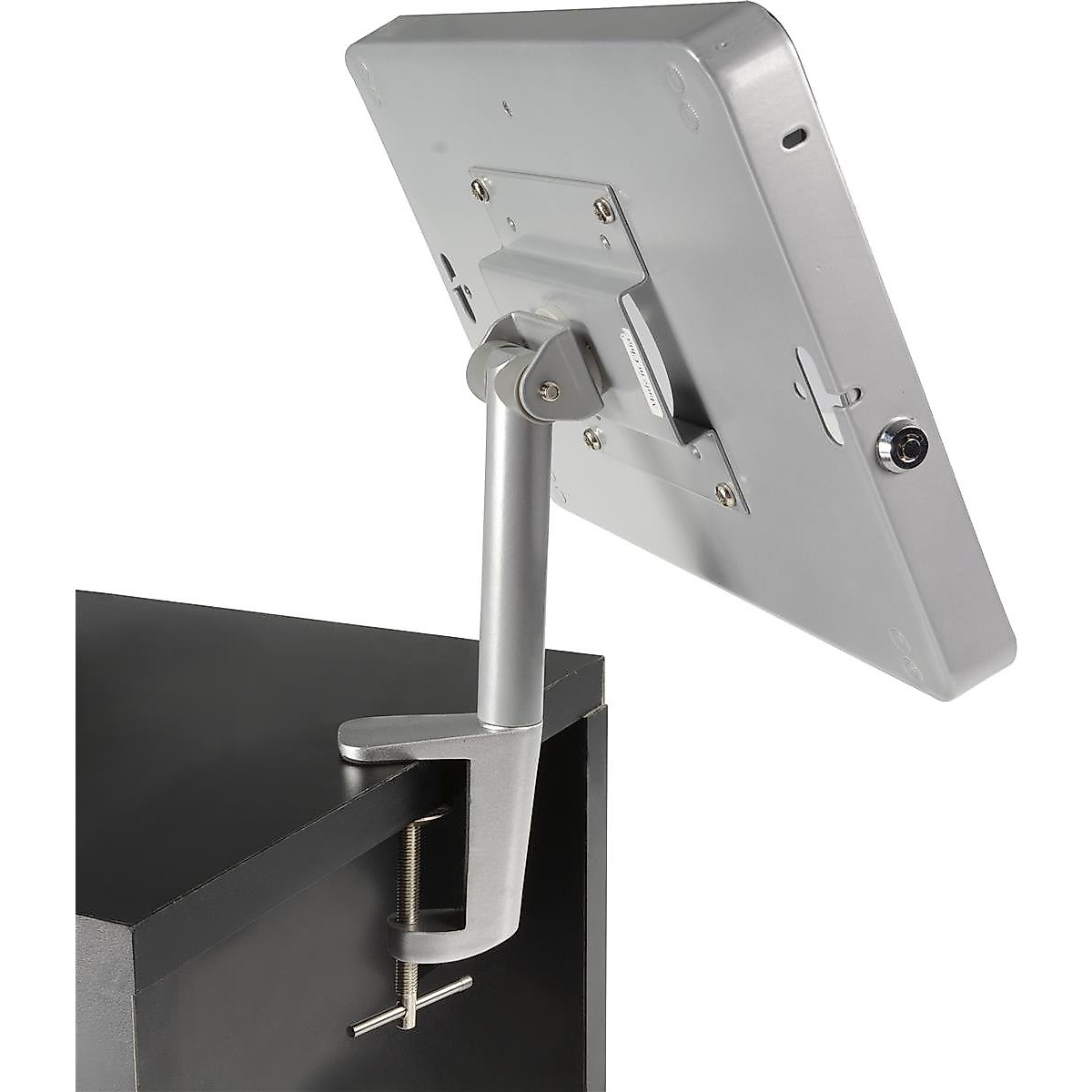 Displays2go Trade Show Display Counter with Mount for iPad – Steel, Corrugated Plastic, MDF, White, Silver Trim, Woodgrain (CTRPIPDCSL)