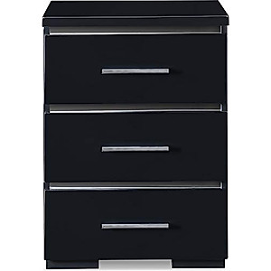 Finch Belmont Fully Assembled Nightstand Modern Mirrored Accent, Bedside End Table with Silver Handles, 3-Drawer, Black