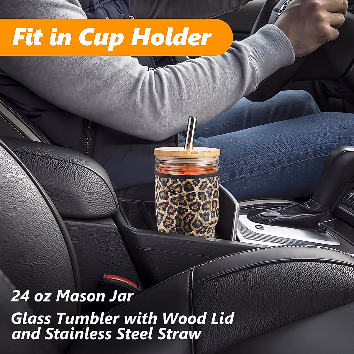 SYOUACEND 2 Pack Glass Cups with Lids and Straws, 24oz Glass Tumbler with Sleeves Reusable, Mason Jar Drinking Glasses Iced Coffee Cup Wide Mouth Glass Bottle for Bubble Tea, with 2 Cleaning Brush