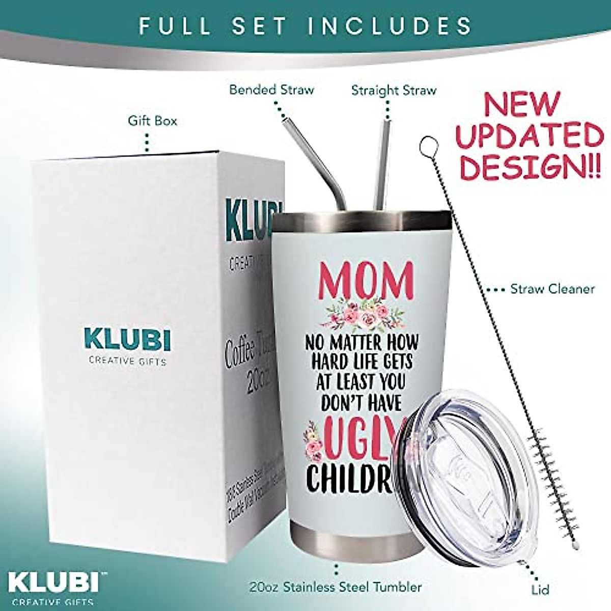 KLUBI Mom Birthday Gifts Funny - Mom No Matter What/Ugly Children 20oz Travel Mug/Tumbler for Coffee - Happy Mothers Day Gift Idea for Best Mother, Valentines Day, Presents, Moms, From Son