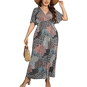 OSTOO Women's Plus Size Hawaii Empire Waist Bat Short Sleeve Casual Floral Print Boho Maxi Dress（Flower 3,4XL