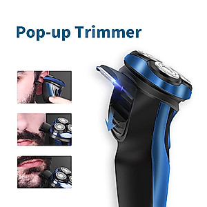 Electric Razor for Men Rotary Shaver Pop-up Beard Trimmer with LCD Display and Rechargeable Cordless Waterproof Blue