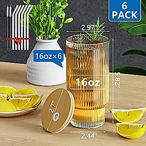 6Set Glass Cups, 16OZ Ribbed Drinking Glasses with Lids and Straws, Vintage Glassware for Whiskey Cocktail Beer, Iced Coffee Cups for Cute Gifts