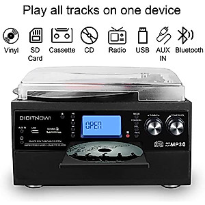 DIGITNOW Bluetooth Record Player Turntable with Stereo Speaker, LP Vinyl to MP3 Converter with CD, Cassette, Radio, Aux in and USB/SD Encoding, Remote Control, Audio Music Player Built in Amplifier