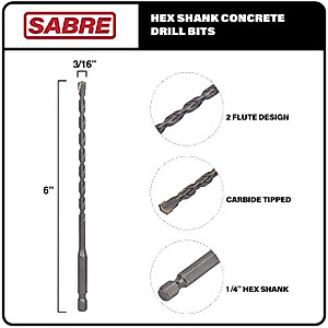 Sabre Tools 3/16 Inch x 6 Inch Masonry Drill Bit, Carbide Tipped 10-Pack for Concrete, Brick, Stone, 1/4” Hex Shank, Impact Performance (3/16” x 6”, 10)