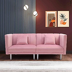 Cotoala Catalina Convertible Futon Sofa Bed, Modern Velvet Tufted Upholstered Loveseat Folding Couch with 2 Pillows and Metal Legs, Adjustable Backrest and Detachable Armrests, Pink