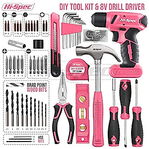 Hi-Spec 58pc Pink 8V USB Electric Drill Driver & Household Tool Kit Set With Variable Speed DIY Cordless Power Screwdriver