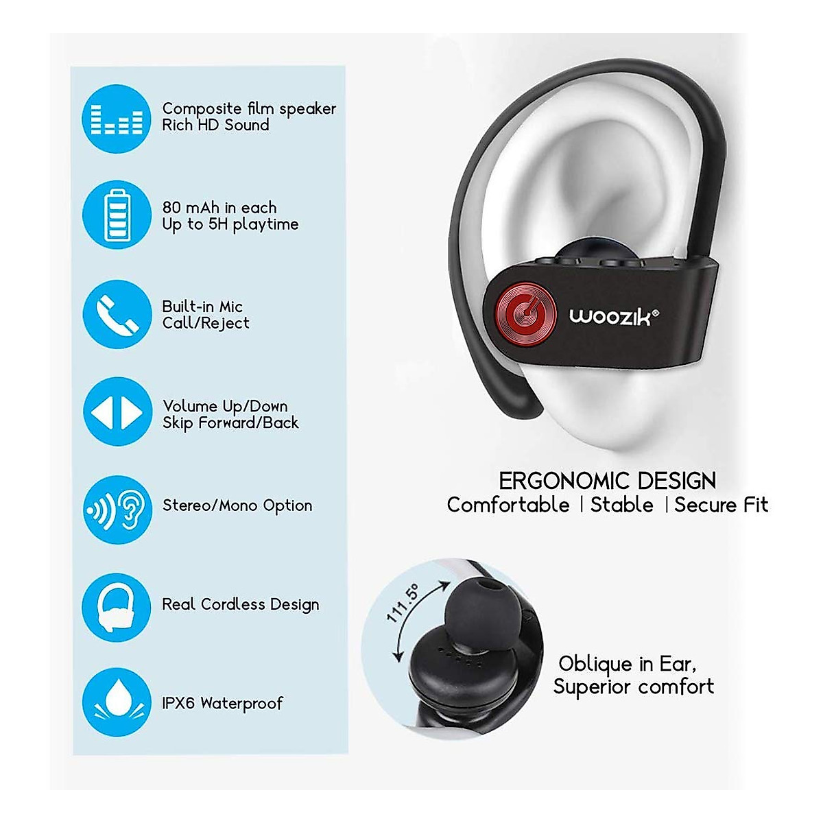 True Wireless Earbuds, Woozik Relay Wireless Headphones, Waterproof Sport TWS Headset, Stereo Earphones with Microphone, Long Playtime for Gym Running and Workouts for iOS Android