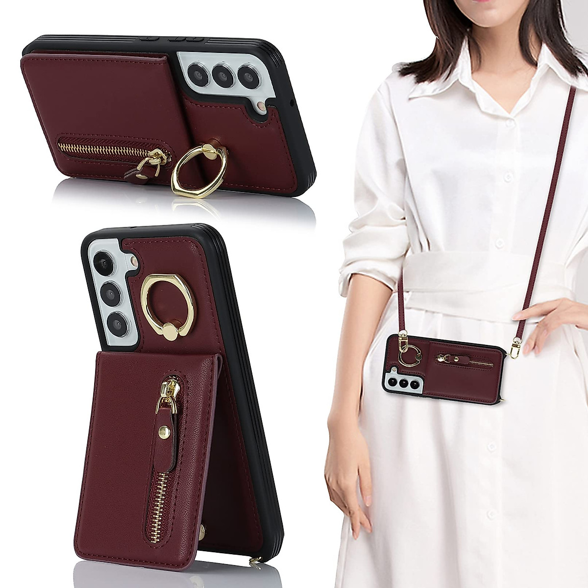 Jaorty for Samsung Galaxy S22 5G Phone Case for Women with Card Holder,Galaxy S22 Case Wallet Crossbody Lanyard with Strap,Credit Card Slots Kickstand Case with Ring Holder,6.1 Inch,Burgundy