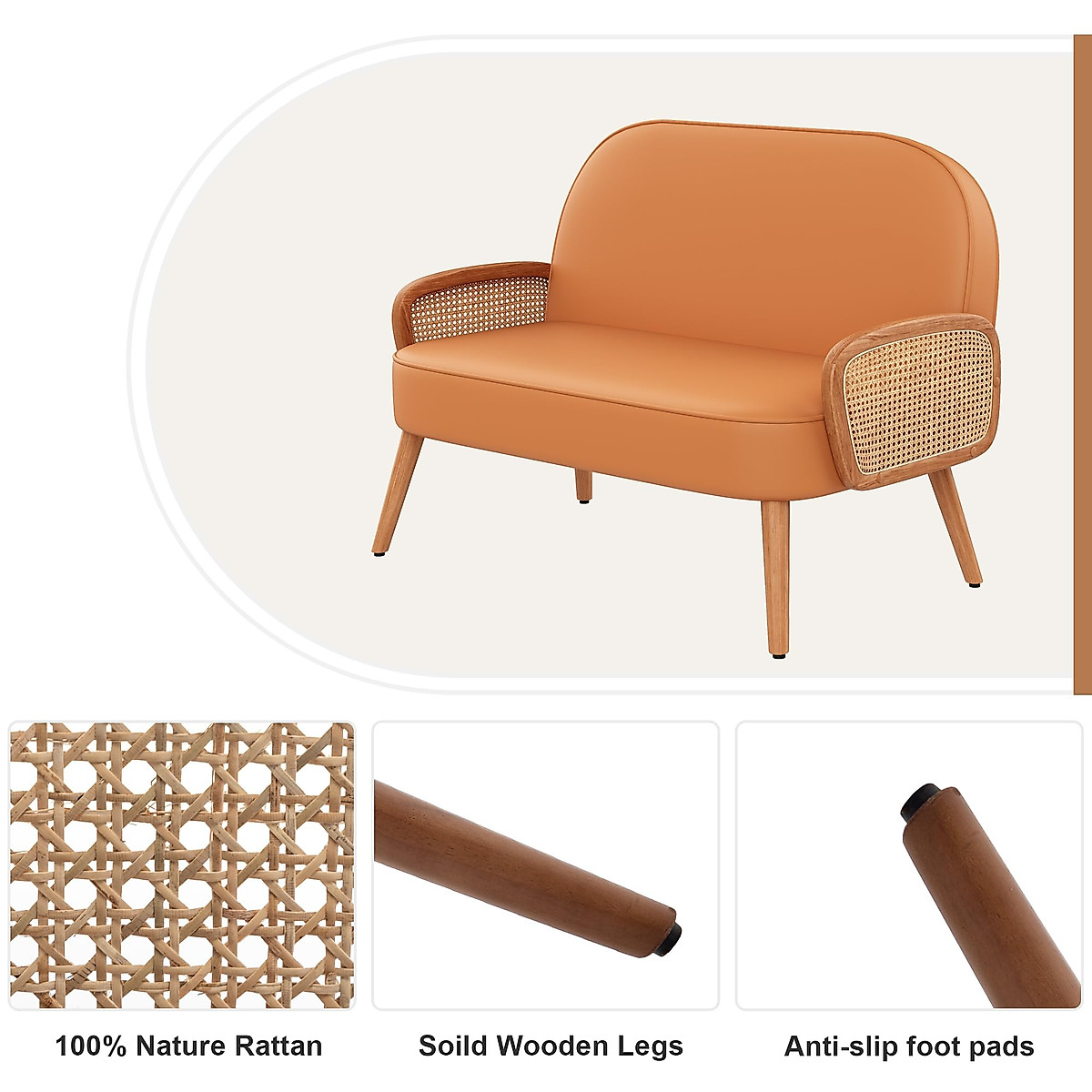 WENTMENT Loveseat Sofa Small Couch for Living Room, Faux Leather Mini Couch Love Seat with Natural Rattan Armrest and Solid Wooden Legs Small Sofa for Small Space, Bedroom, Apartment（Orange）